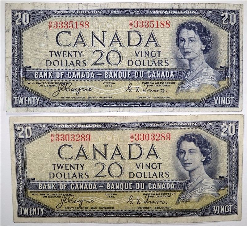 2 - 1954 RARE $20 "DEVILS FACE" CANADIAN NOTES