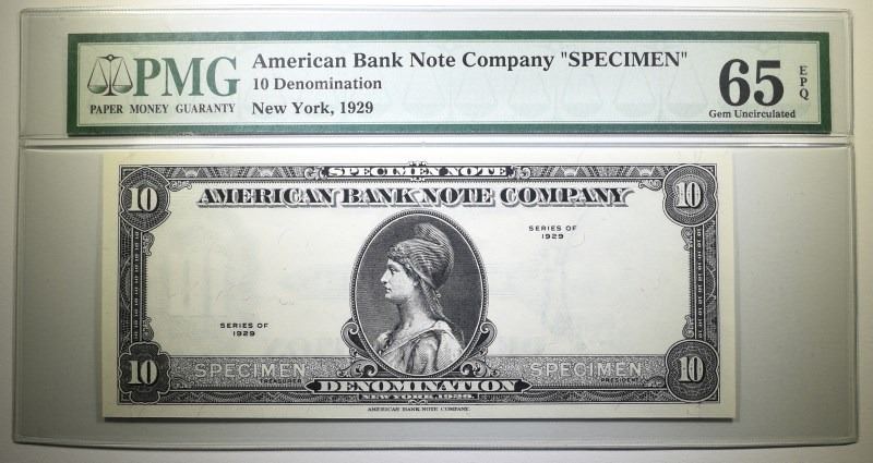 1929 10 DOLLAR SPECIMEN AMERICAN BANK NOTE COMPANY "TEST NOTE" PMG 65 EPQ