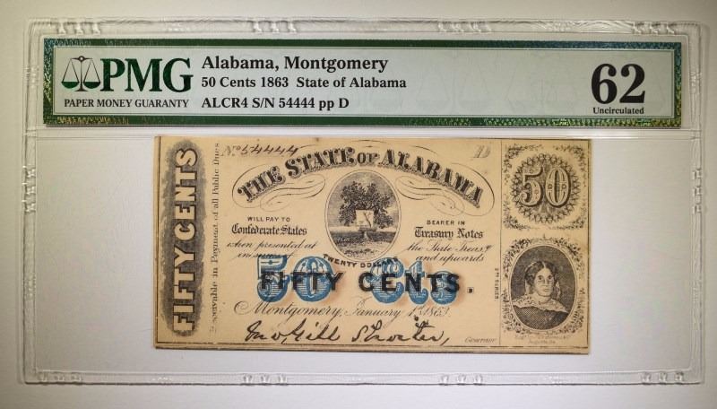 1863 50 CENTS STATE OF ALABAMA FULLY ISSUED CIVIL WAR FRACTIONAL ...