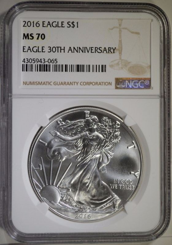 2016 AMERICAN SILVER EAGLE, NGC MS-70 30th ANNIVERSARY