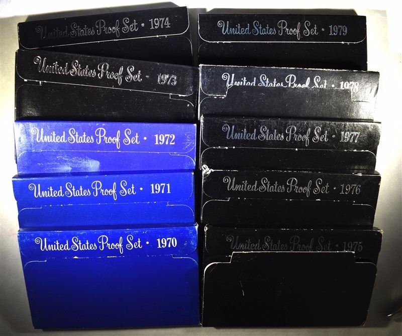 U.S PROOF SETS OF THE 1970'S IN ORIGINAL PACKAGING 1970-79 ( 10 ) SETS