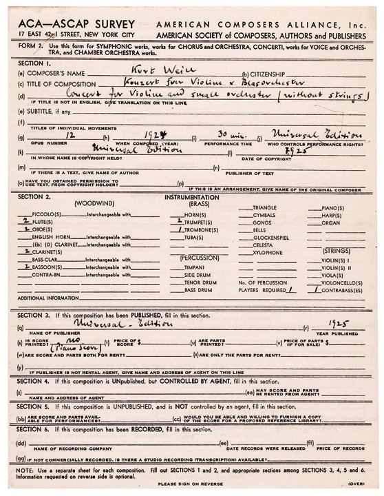 1942 KURT JULIAN WEILL Signed Document Registration, Known for - Mack ...