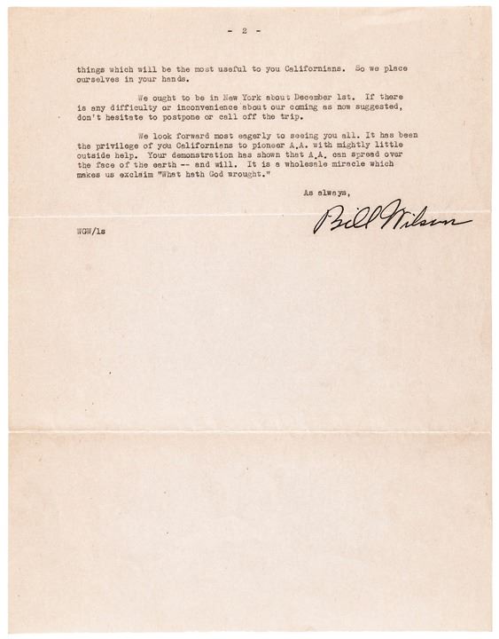 Alcoholics Anonymous Founder WILLIAM GRIFFITH BILL WILSON Typed Letter ...