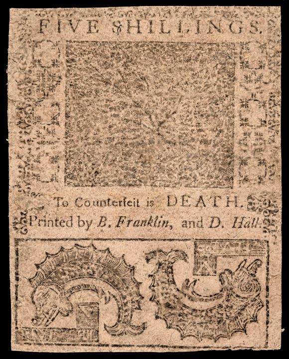 Colonial Currency, Delaware June 1, 1759. 5s Printed by BENJAMIN ...