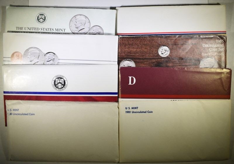 U.S. MINT SETS OF THE 1980'S IN ORIGINAL MINT ISSUED ENVELOPES ( 8 ) SETS