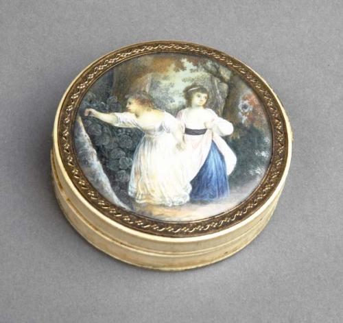 A GEORGE III IVORY BOX, circa 1800, the lid inset with a miniature ...