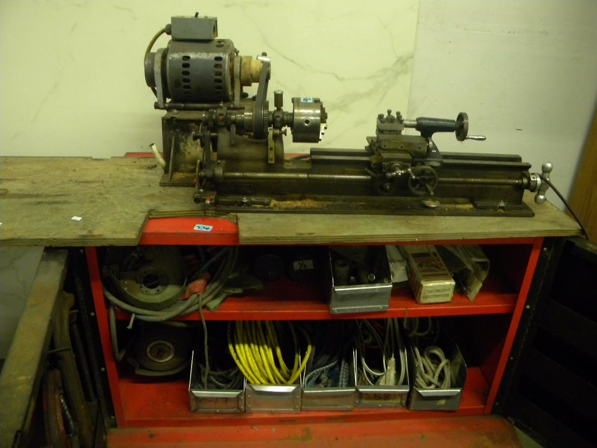 VINTAGE SMALL HOBBY LATHE/WITH CABINET AND CONTENTS