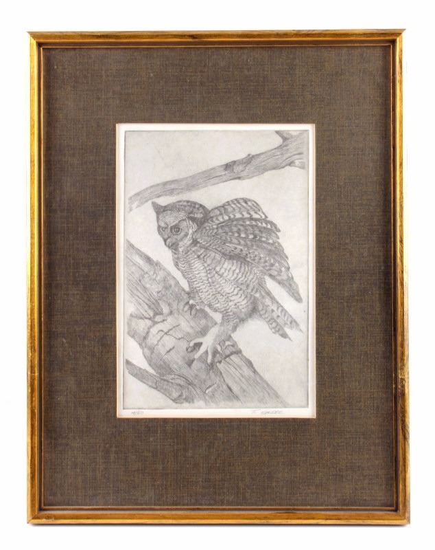 Montana Artist Tom Sander Framed Owl Etching