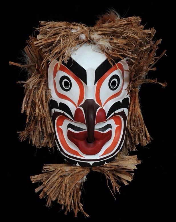 Kwakwaka'wakw Grouse Mask with Cedar Bark Trim Carved by Ray Scow 13" H ...