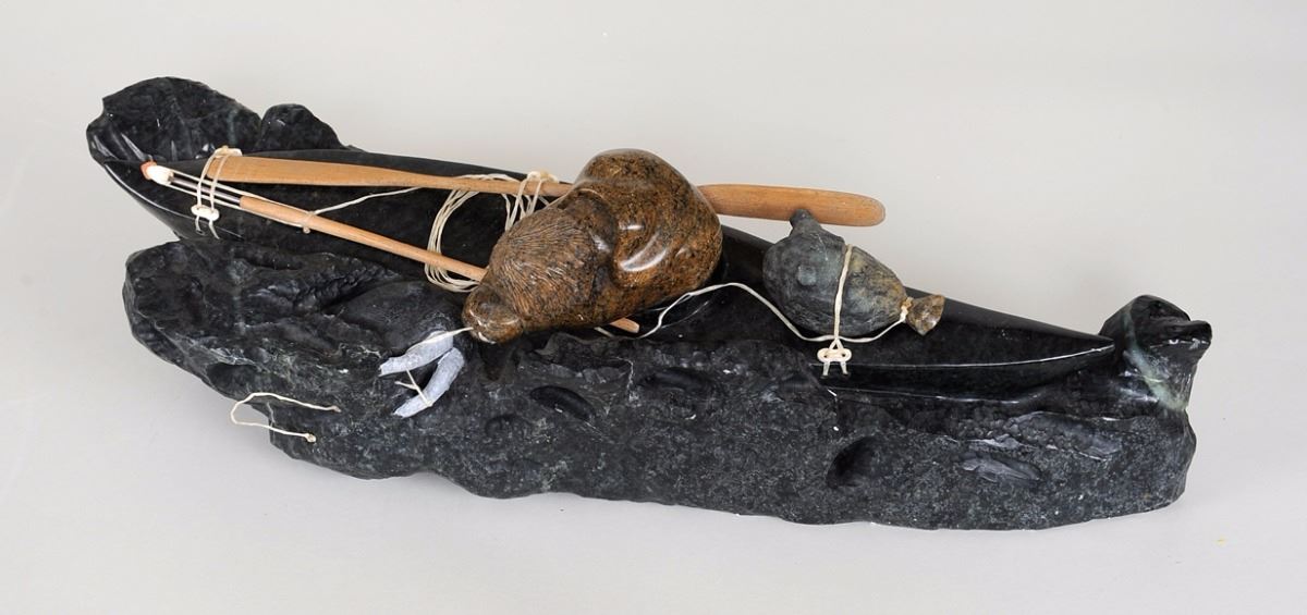 Inuit Soapstone Carving of a Kayak with an Inuk Catching a Walrus ...