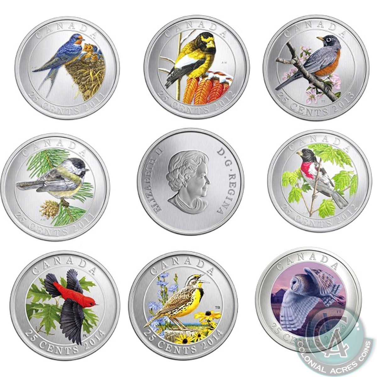 Royal Canadian Mint Lot of 8: Canada 25 Cents Coloured Bird Coins ...