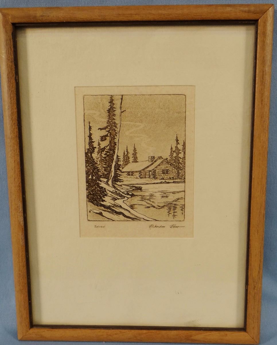 Richardson Rome, etching, Retreat, 3" x 4"