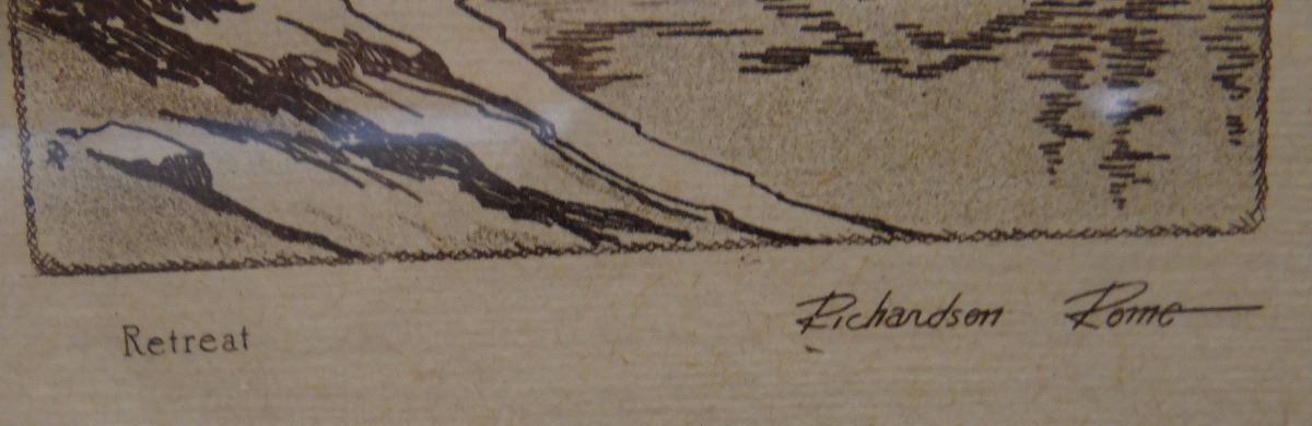 Richardson Rome, etching, Retreat, 3" x 4"