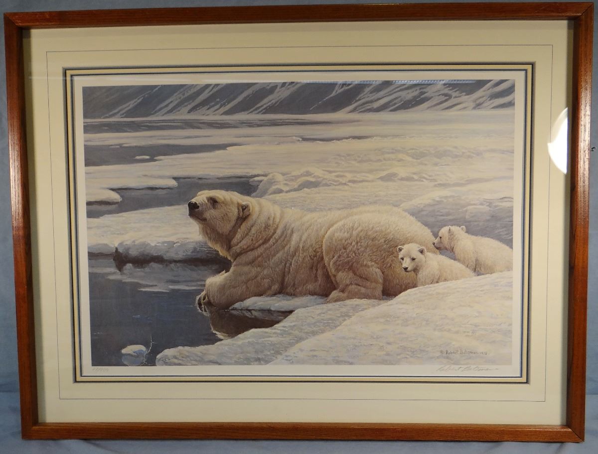 Robert Bateman, Polar Bear & Cubs, signed print, 16"x 25", framed, 1978 ...