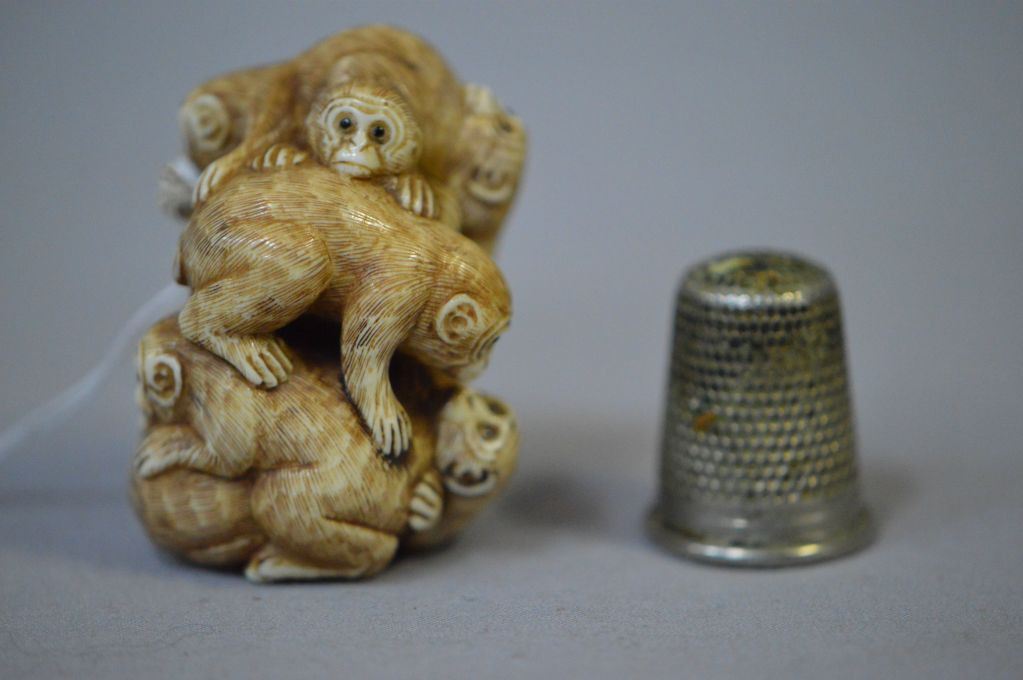 Japanese hand carved and artist signed pile of monkeys netsuke