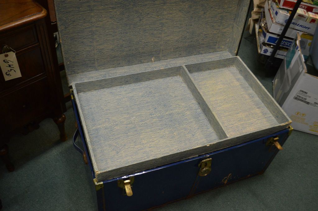 Vintage blue metal steamer trunk with tray