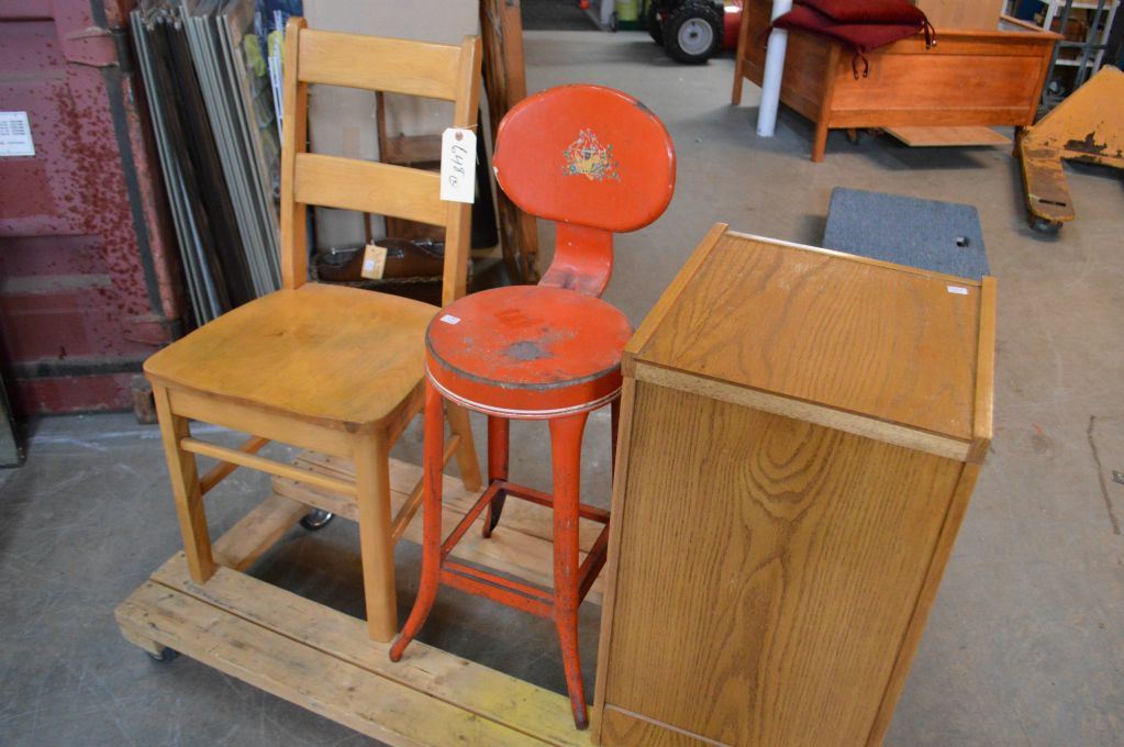 Modern two drawer oak filing cabinet , a vintage metal stool and a ...