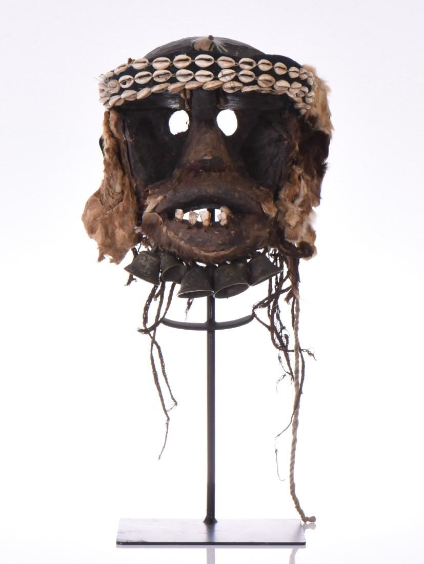 African Tribal Mask, Wood Carved With Bells,