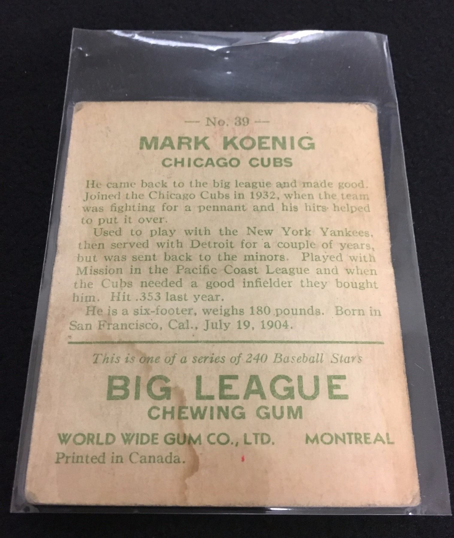 1934 SERIES MARK KOENIG BIG LEAGUE CHEWING GUM BASEBALL CARD #39
