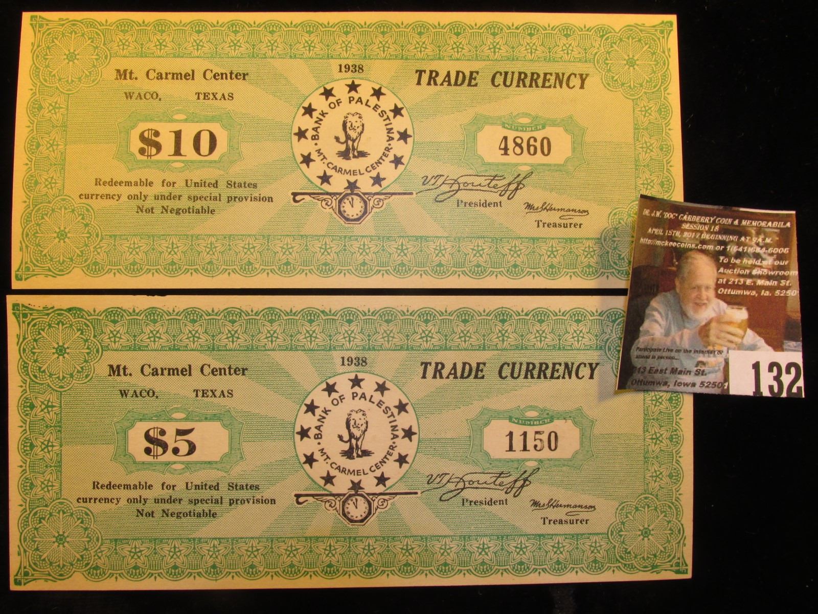 Series 1938 $5 & $10 Trade Currency Scrip from Mt. Carmel Waco, Texas ...
