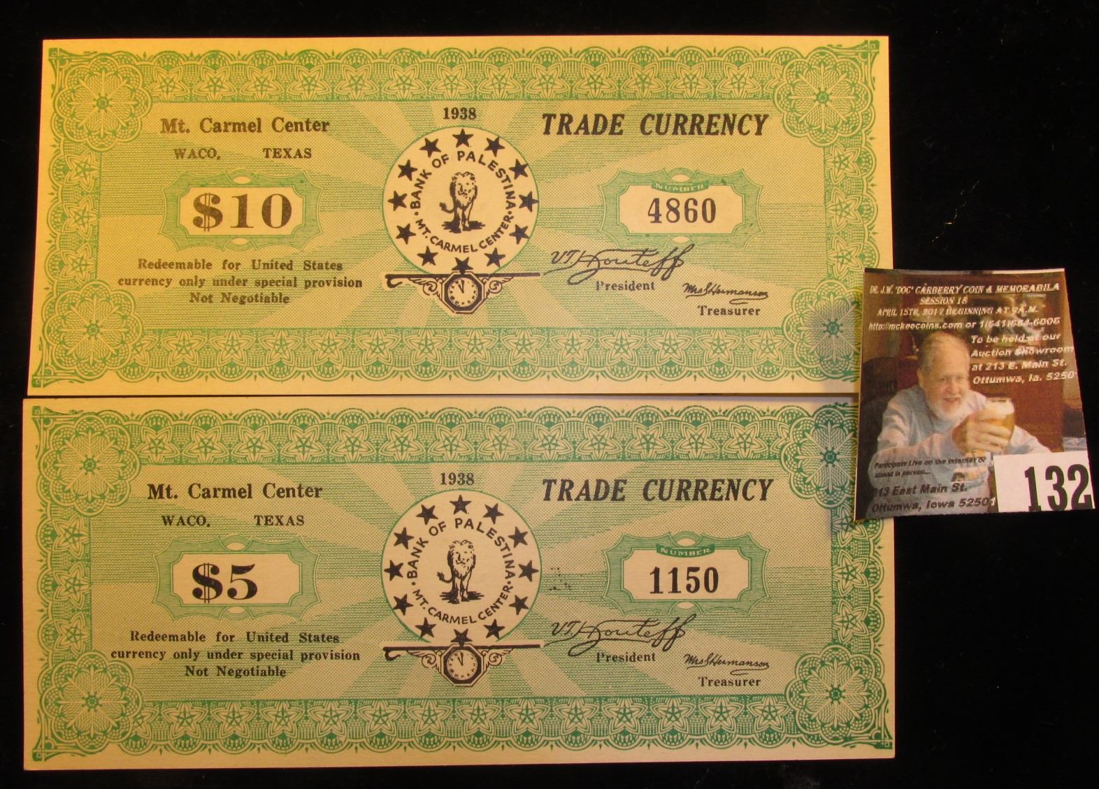 Series 1938 $5 & $10 Trade Currency Scrip from Mt. Carmel Waco, Texas ...