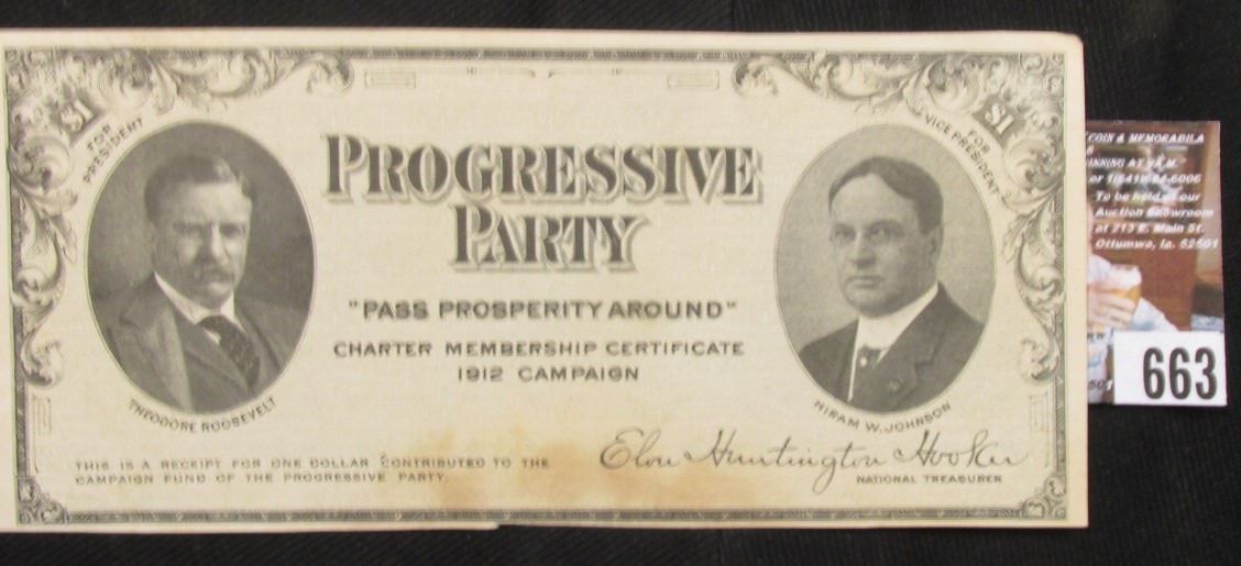 1912 Progressive Party Campaign Certificate with Theodore Roosevelt and Hiram W, Johnson. Doc Valued