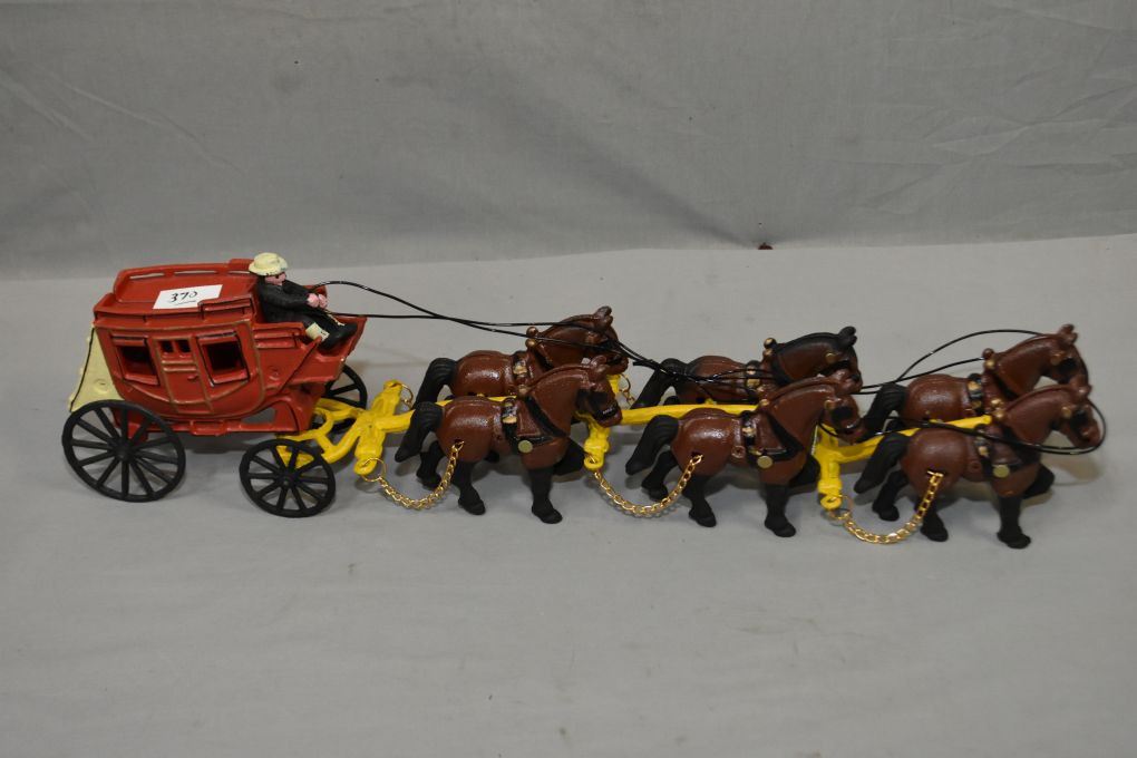 Antique Style Die Cast Model Toy Stagecoach w/ six horse team, Circa ...