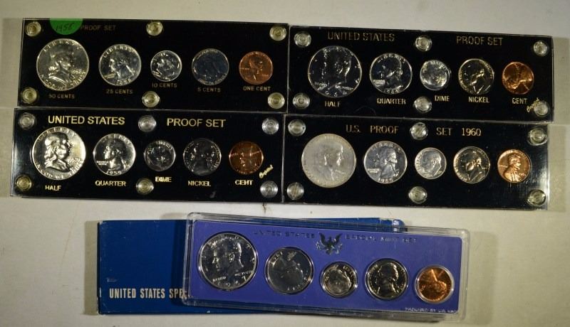 5 - EARLY PROOF SETS; 1958, 1959, 1960, 1964, 1967 in CAPITOL HOLDERS ...