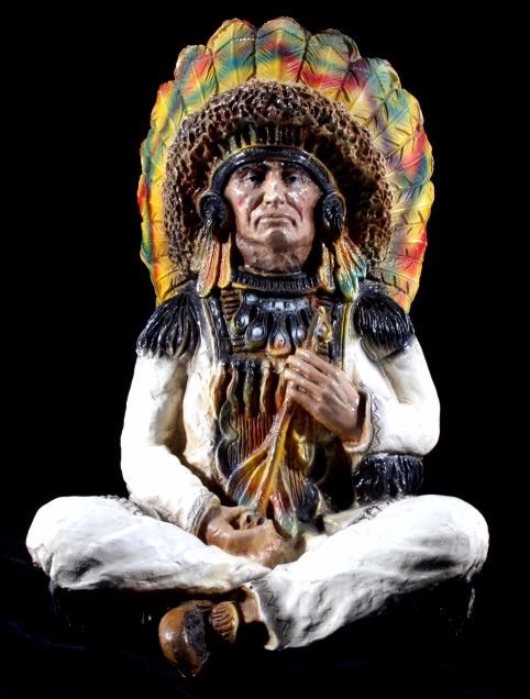 Hand Painted Ceramic Sitting Indian Chief Statue
