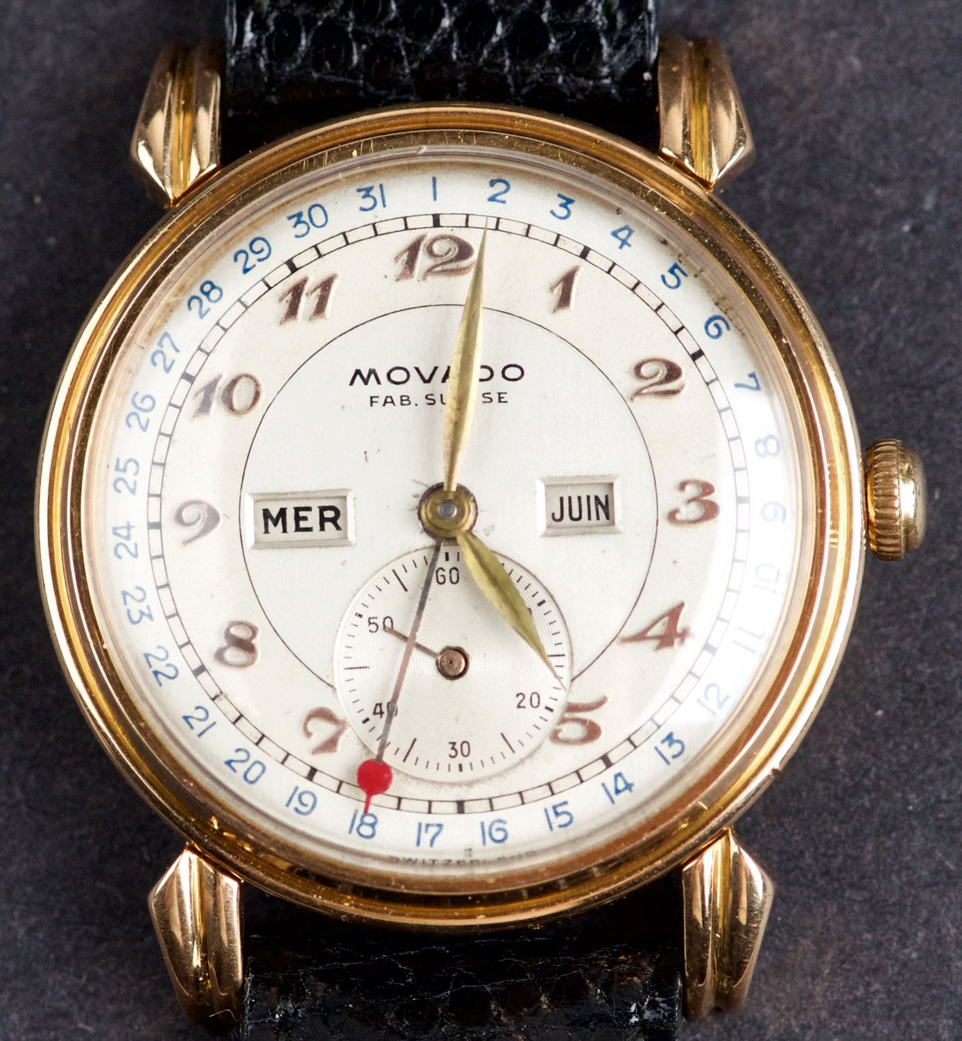 Vintage 18 Kt Gold Movado Calendograph Triple-Date Calendar Wristwatch