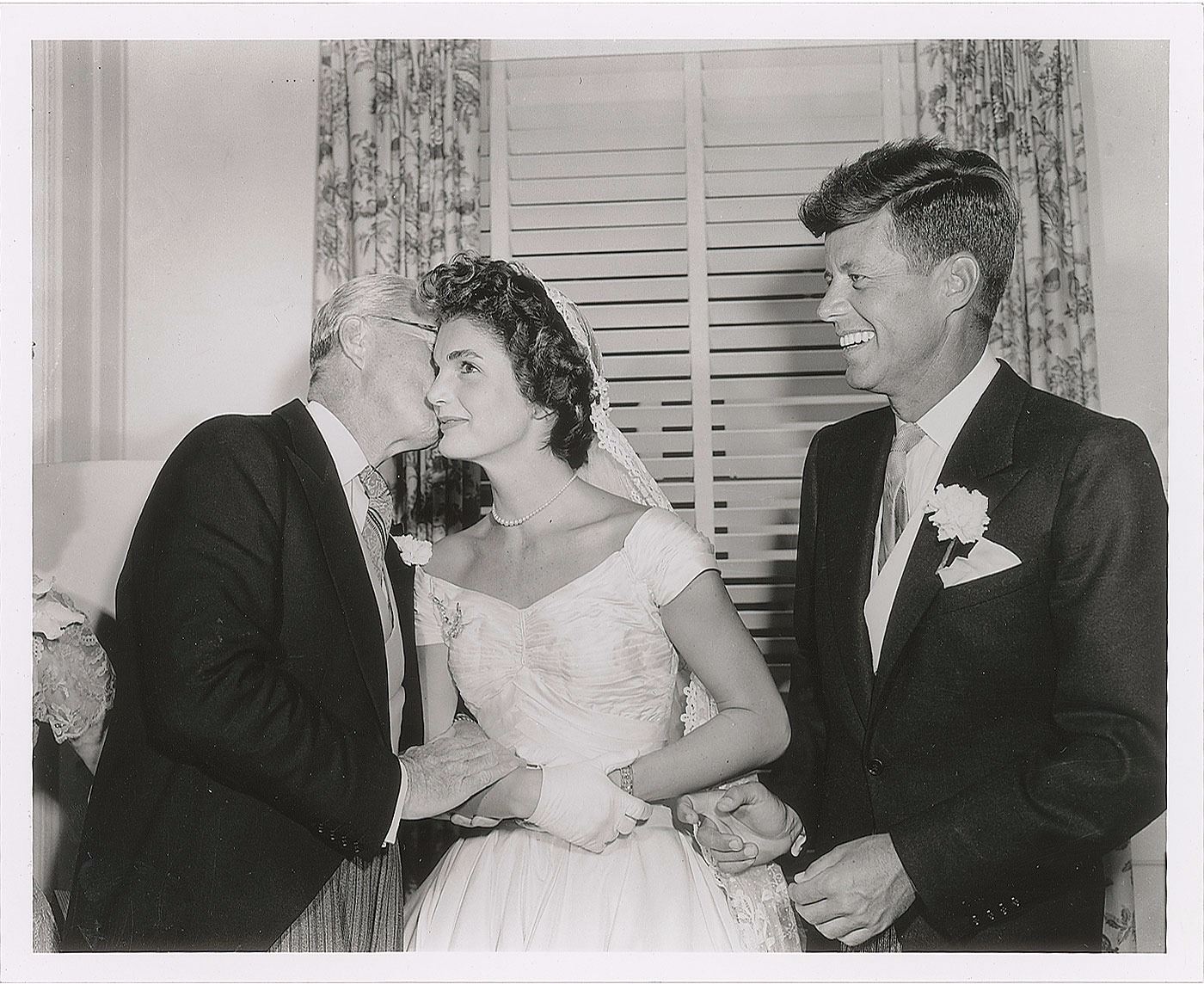 John and Jacqueline Kennedy 1953 Wedding Photograph With Father Joe Sr.