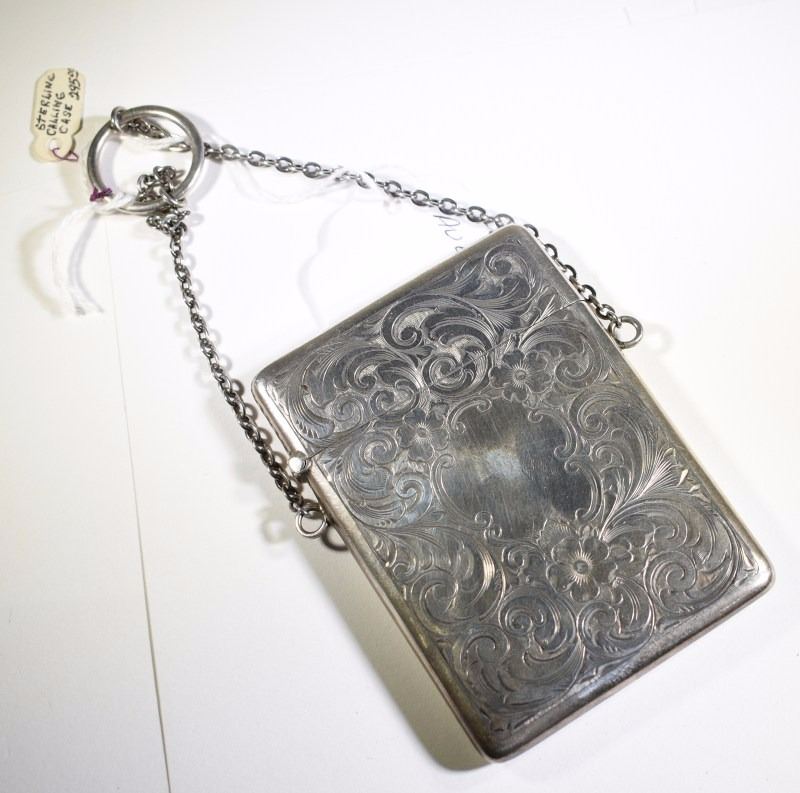 ANTIQUE STERLING SILVER CALLING CARD CASE, ORNATELY ENGRAVED