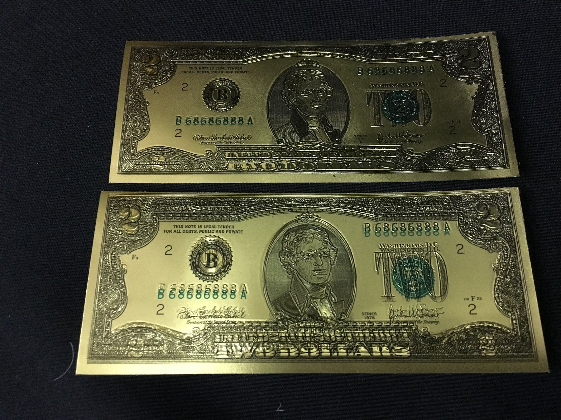 24 KARAT GOLD FOIL TWO DOLLAR USA BANK NOTE LOT