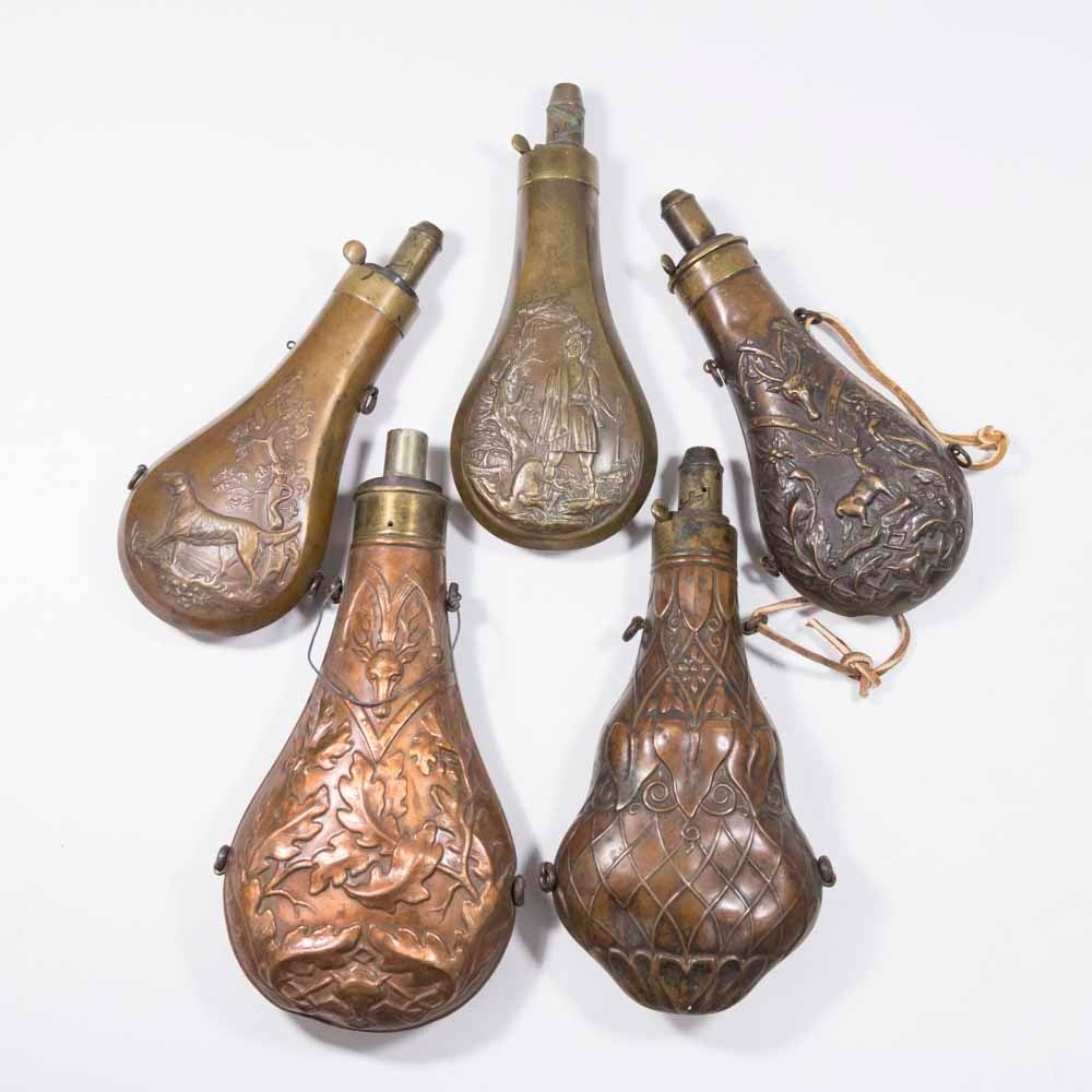 5 Vintage Metal Powder Horns