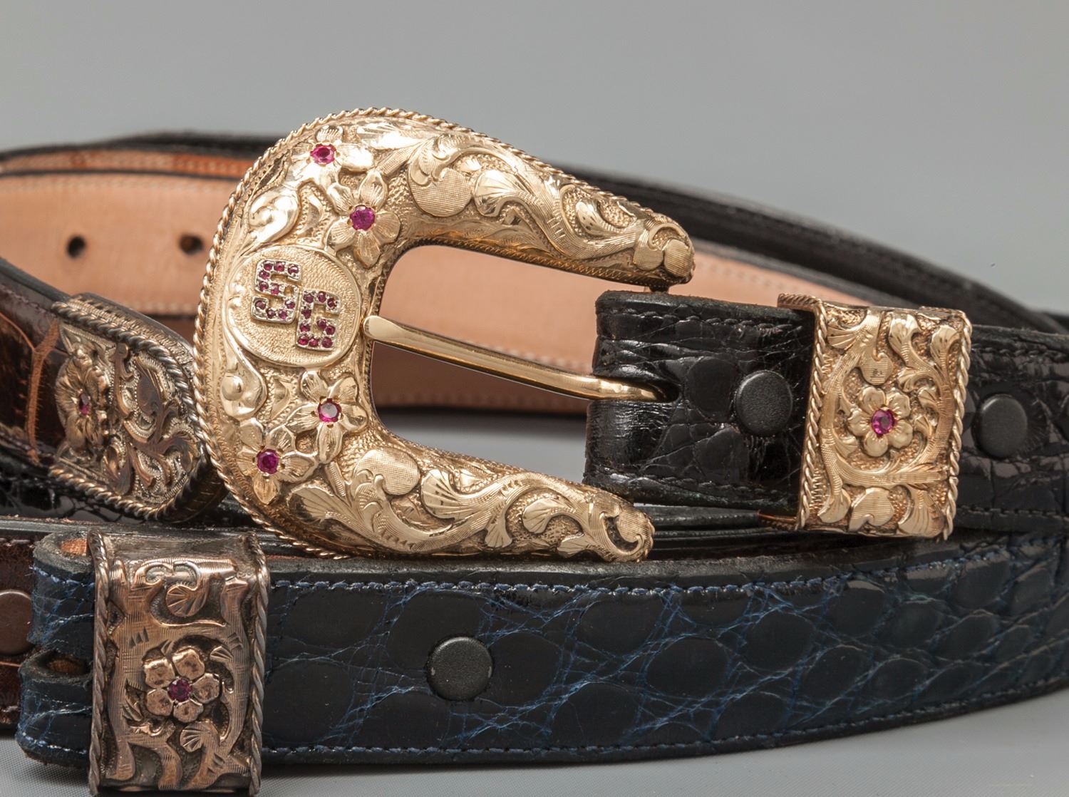 18K Gold Edward H. Bohlin Buckle Set with Rubies, and Exotic Belts with ...