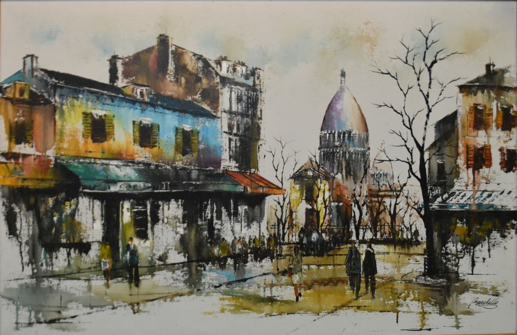 Framed oil on canvas painting of a city scene signed by artist Adriano ...