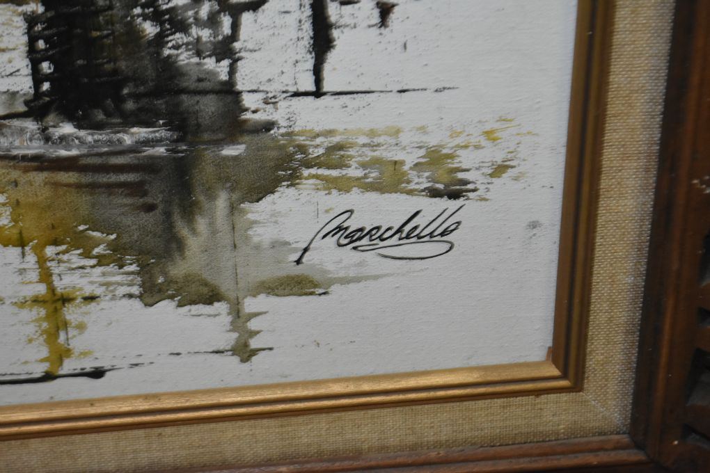 Framed oil on canvas painting of a city scene signed by artist Adriano ...