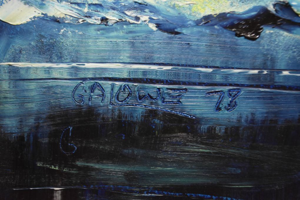 Framed oil on board painting of a blue mountainscape signed by artist G ...