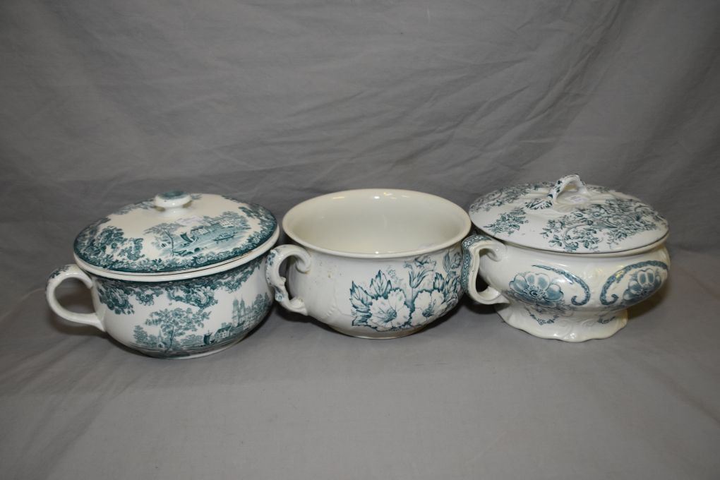 Three antique chamber pots including Hamley, lidded Hamley and Colonial ...