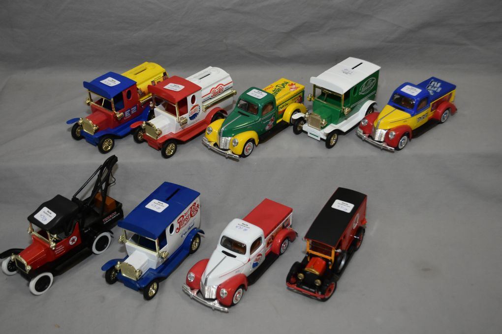 Five 1:24th scale collectible die cast car banks including "Fuller ...