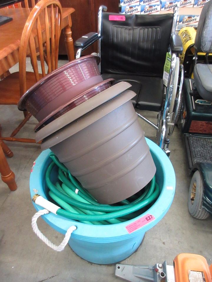 Large Plastic Tub, Hose & Plant Pots