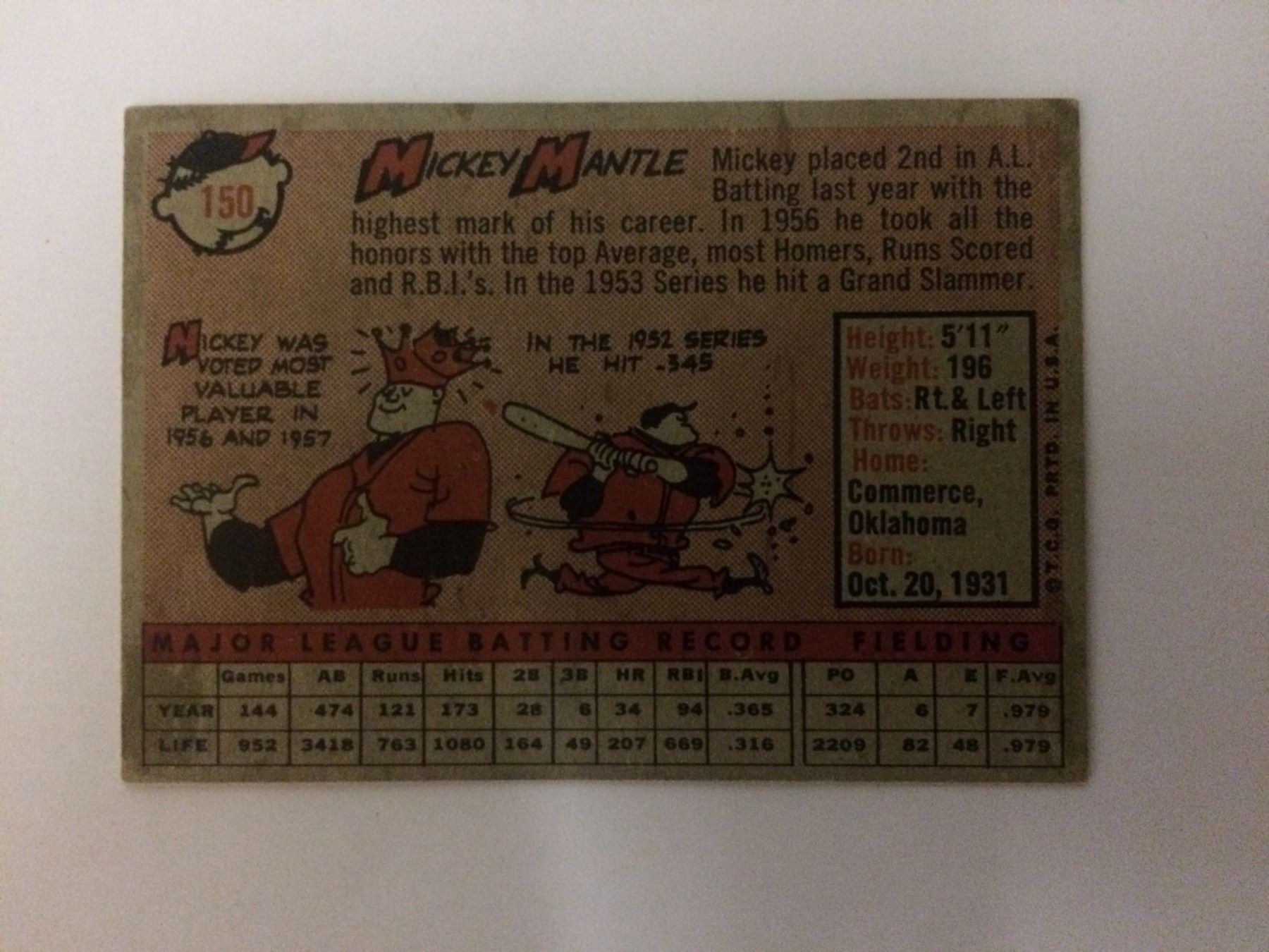 1958 Topps Mickey Mantle Baseball Card