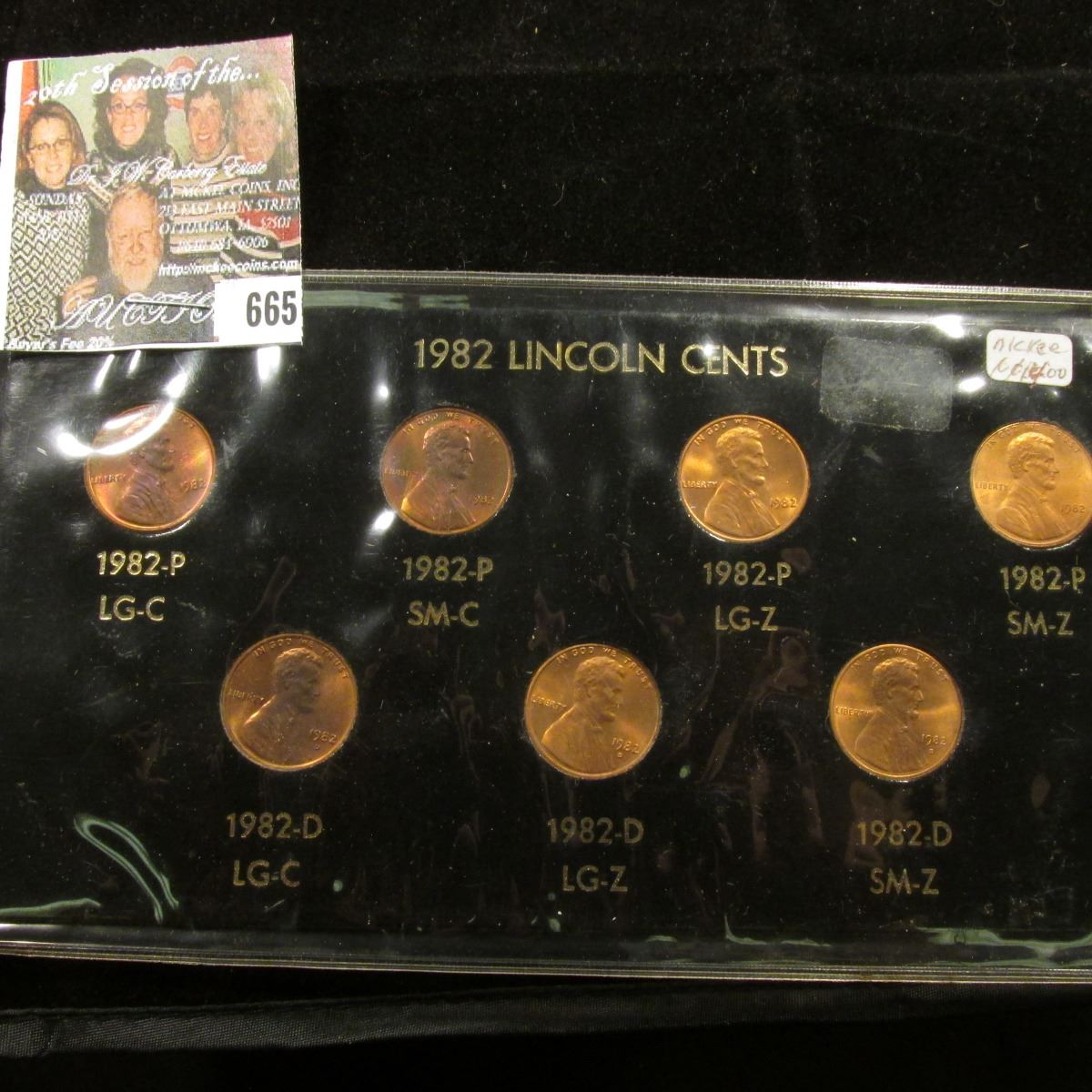1982 Seven-piece Variety Lincoln Cent Set in black holder with gold ...