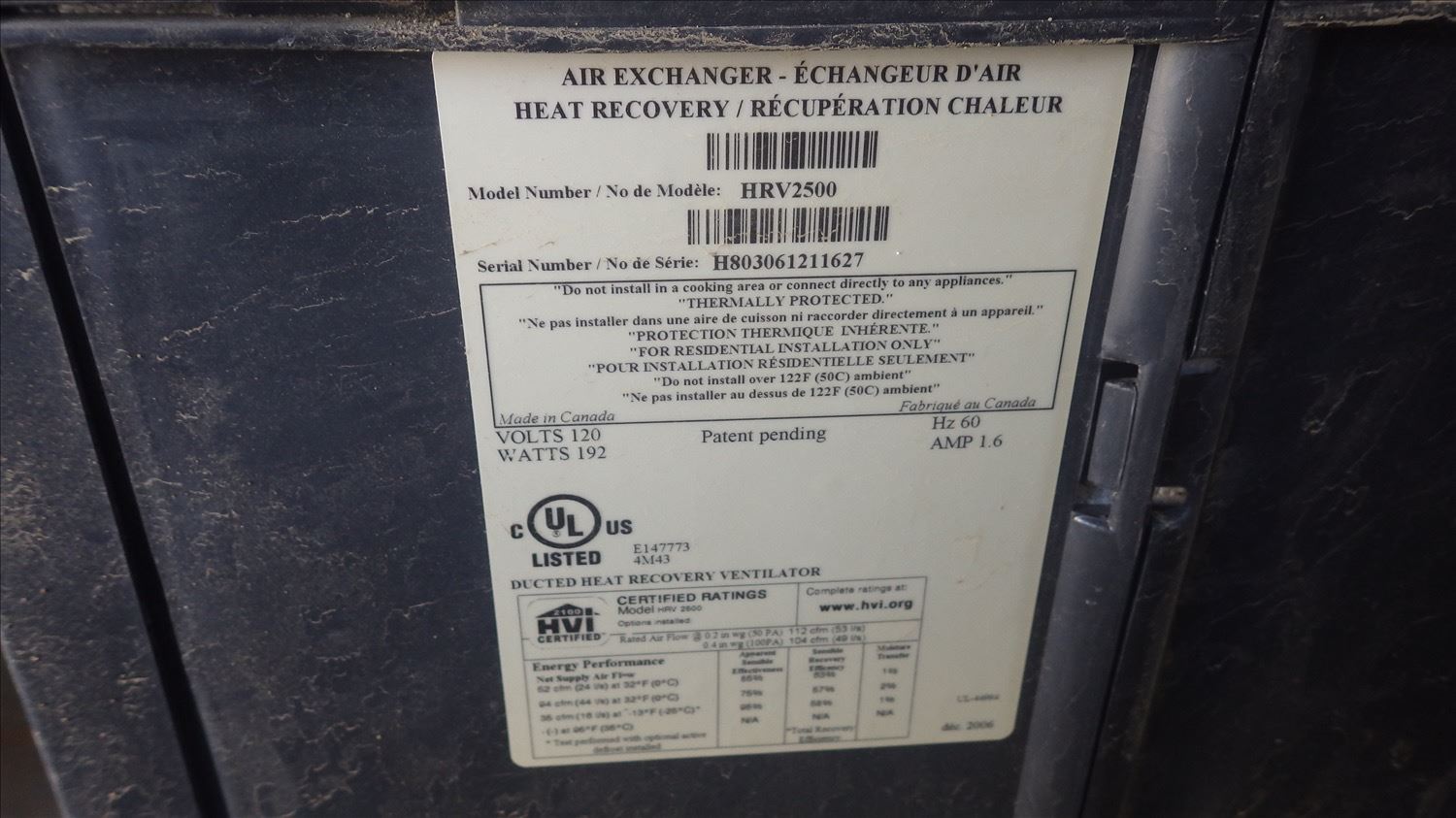 Venmar HVR 2500 air exchanger / heat exchanger