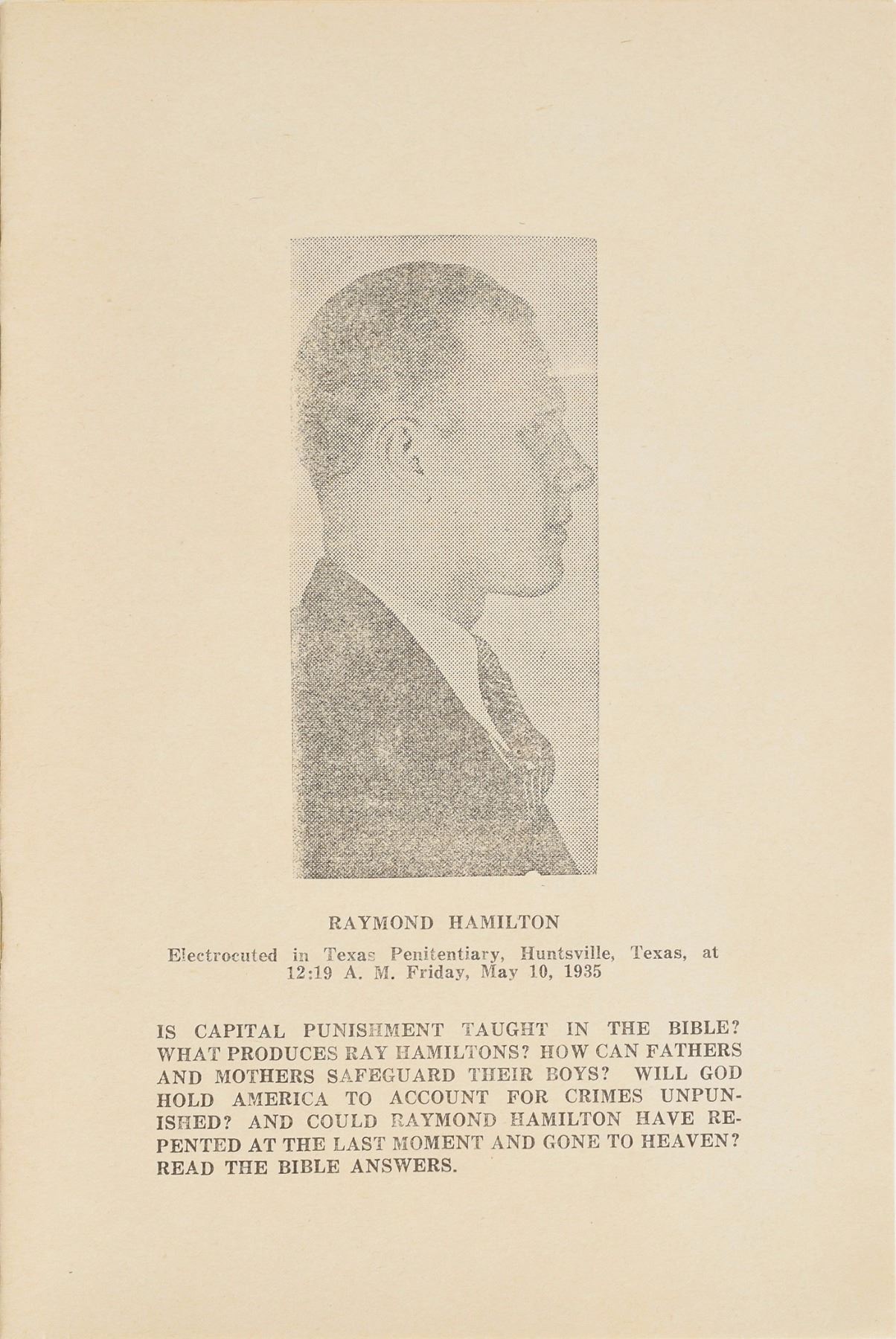 Raymond Hamilton Original Vintage Photograph and Electrocution Sermon ...