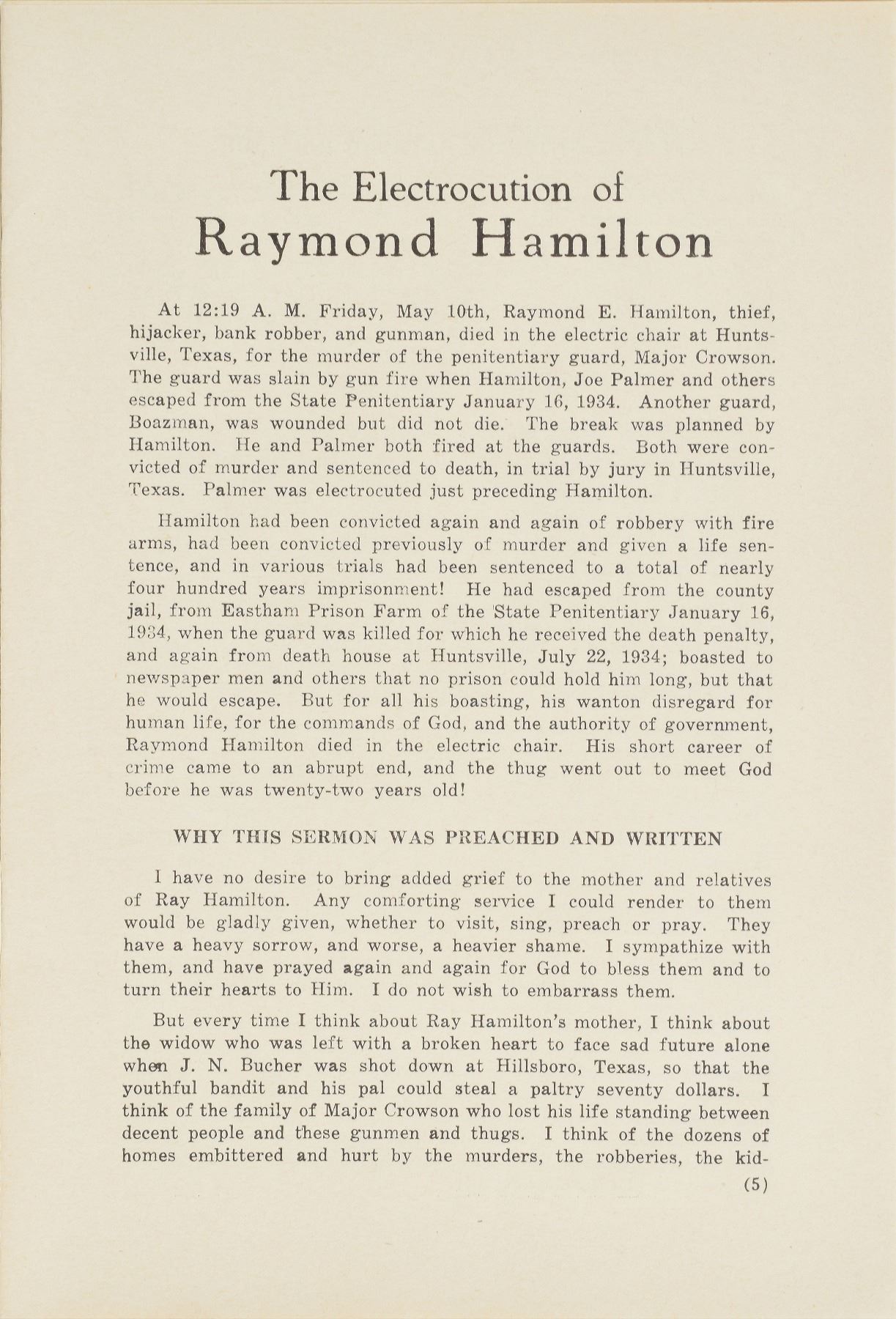 Raymond Hamilton Original Vintage Photograph and Electrocution Sermon ...