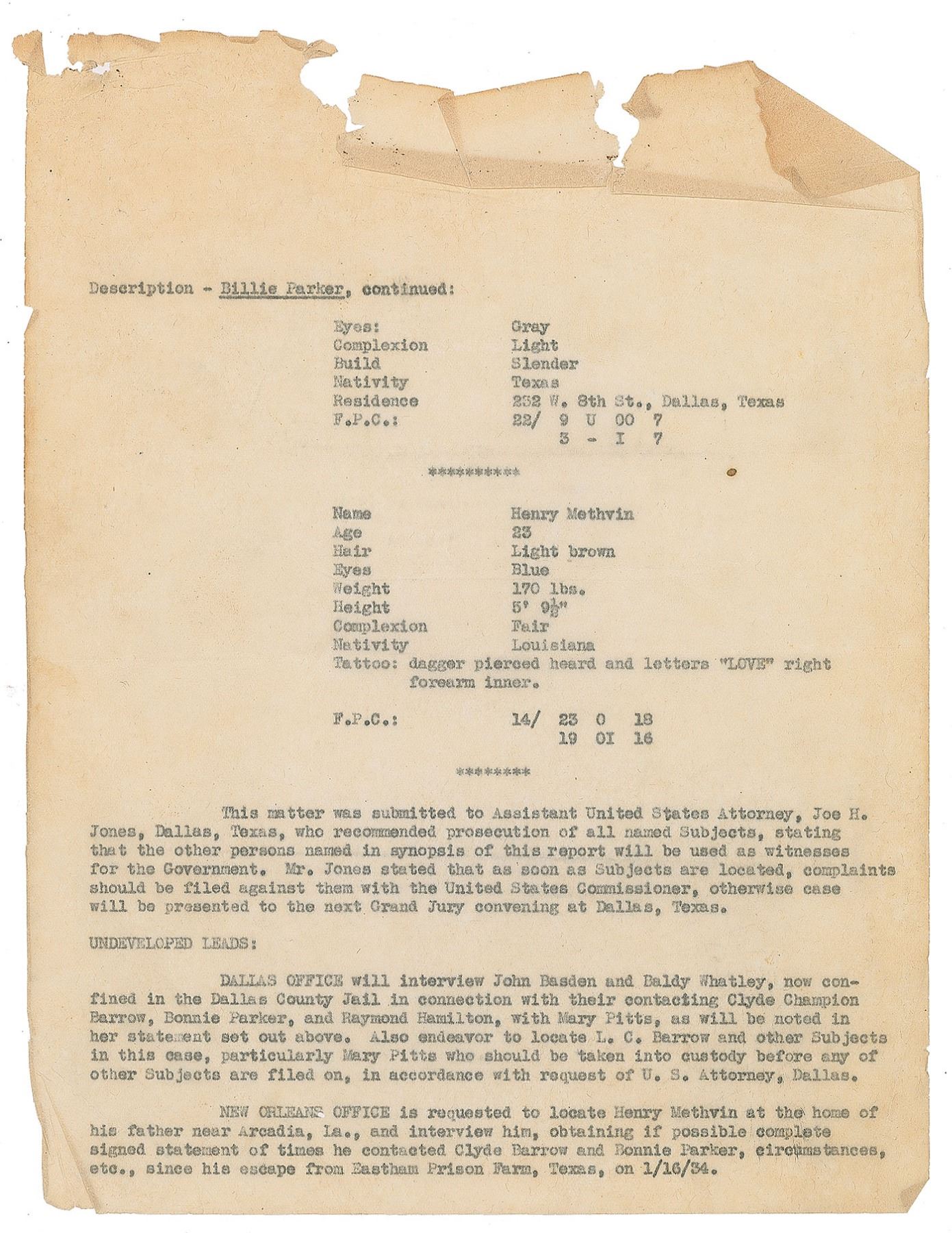 Henry Methvin Original Vintage Mug Shot Photograph