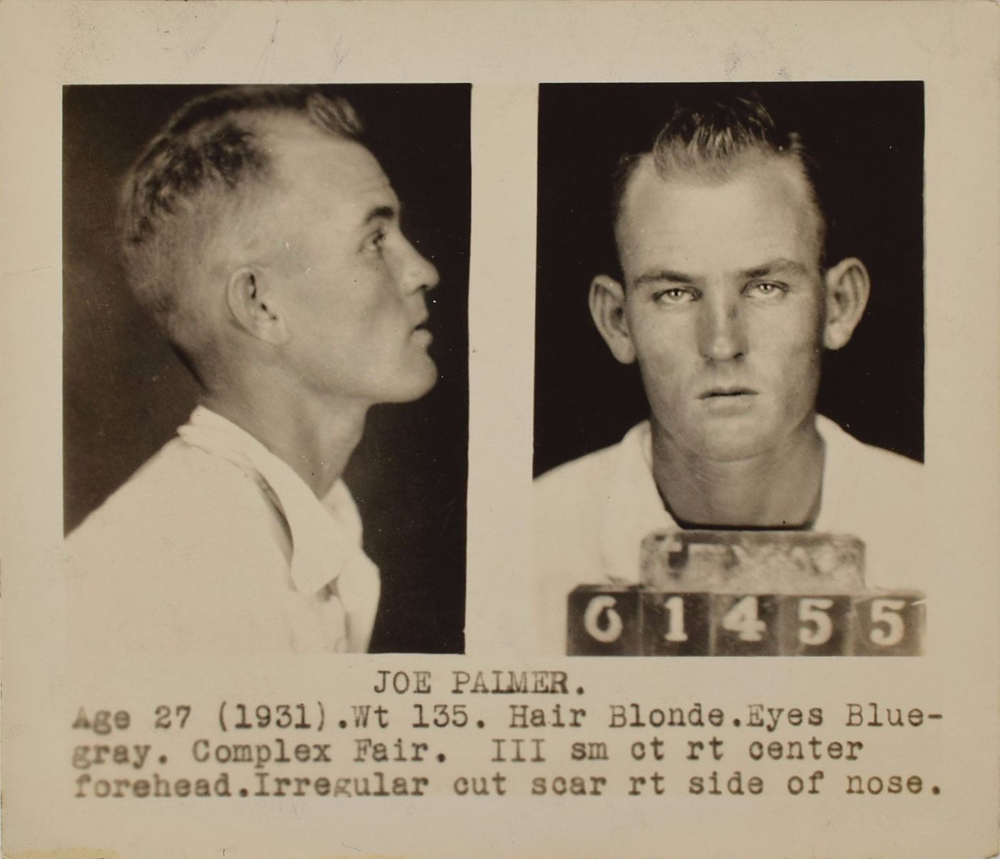 Joe Palmer Original Vintage Mug Shot Photograph
