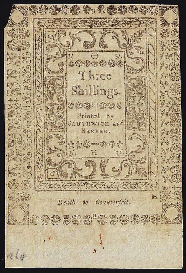 1786 Three Shillings Rhode Island Colonial Currency Note