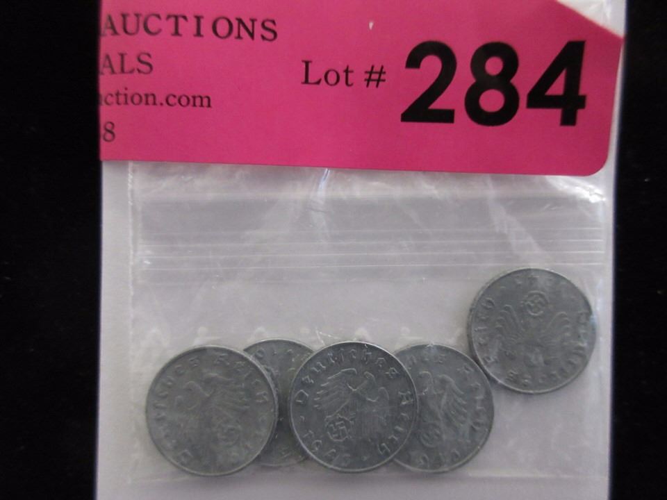 5 WWII Nazi German Eagle & Swastika Zinc Coins
